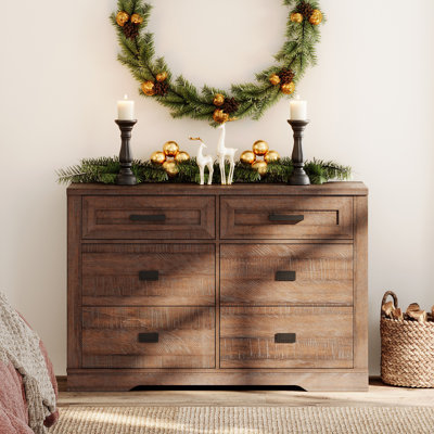 August Grove Dresser for Bedroom with 6 Drawers Mid Century Modern Closet Storage Organizer Chest of Drawers with Metal Handles Wood Dresser for
